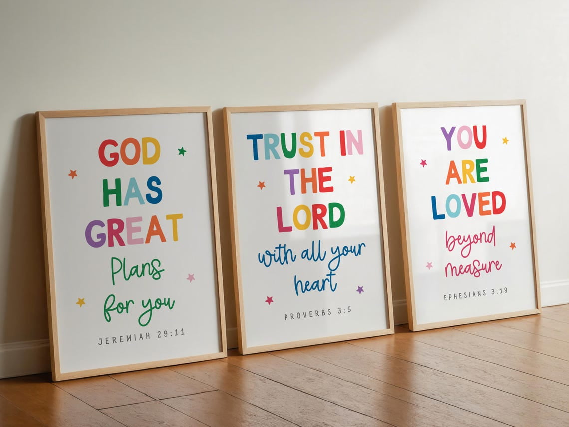 UNFFRAMED Set Of 3 Colorful Children Bible Verse Wall Art For Ministry ...