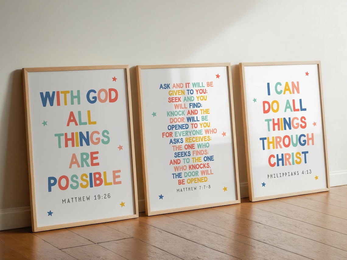 UNFFRAMED Set Of 3 Colorful Children Bible Verse Wall Art For Ministry ...