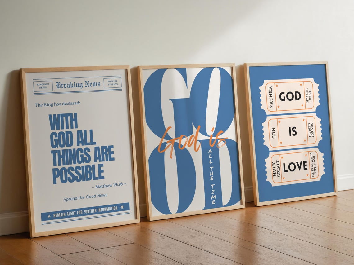 UNFFRAMED Set Of 3 Modern Orange Blue Trendy Christian Wall Art God Is ...