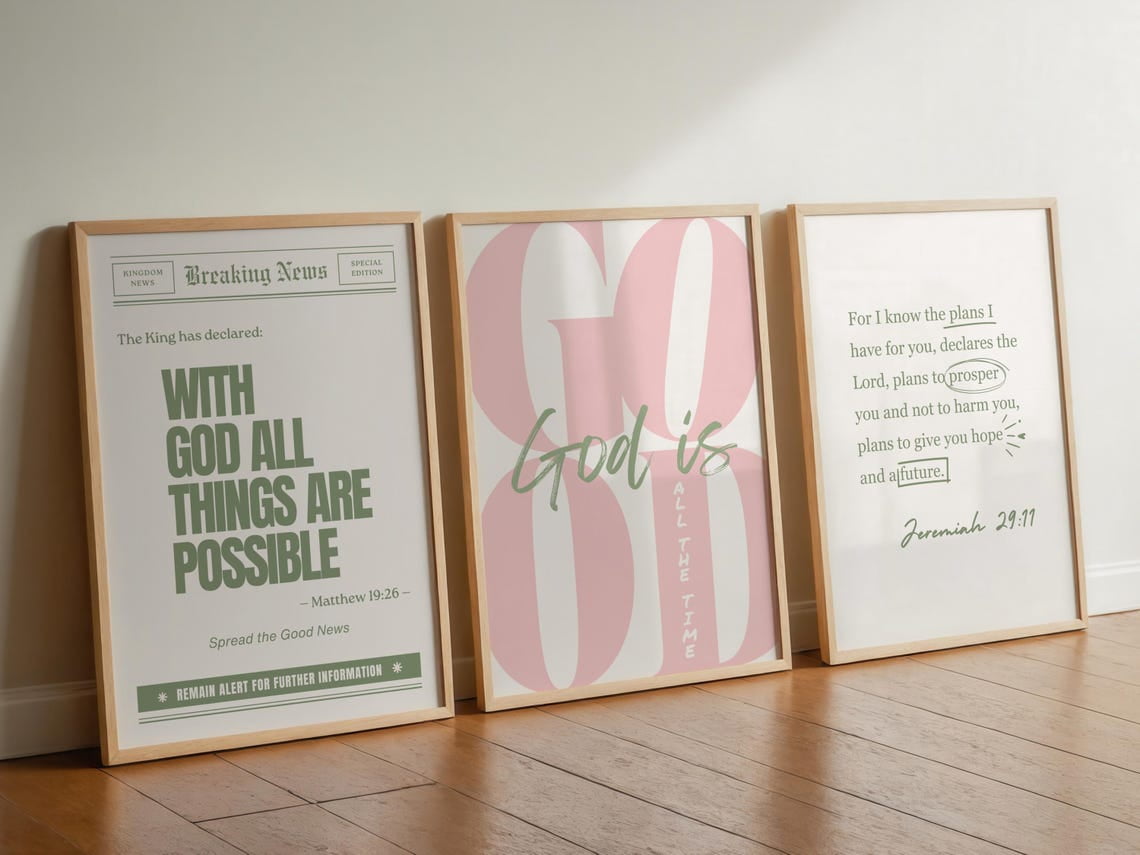 UNFFRAMED Set Of 3 Pink Sage Green Girly Christian Wall Art God Is Good ...