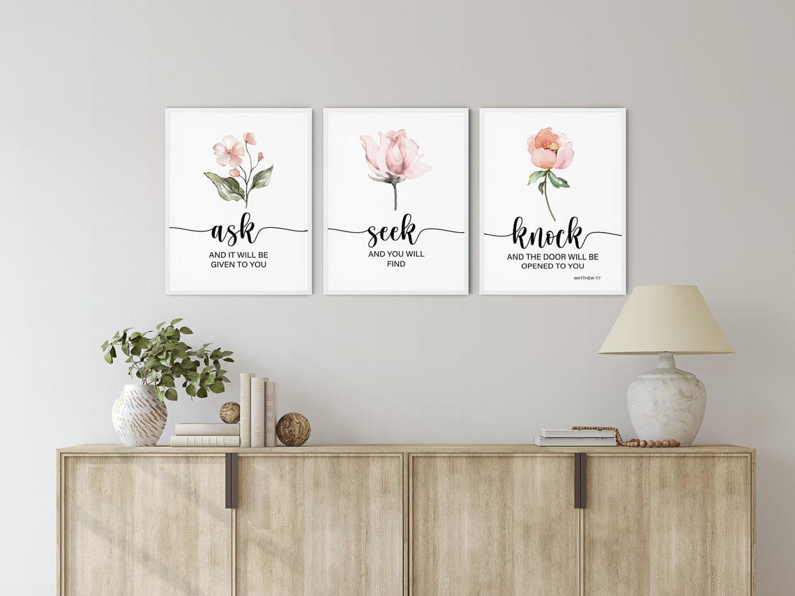 UNFFRAMED Set Of 3 Prints, Matthew 7,7, Ask Seek Knock, Christian Home ...
