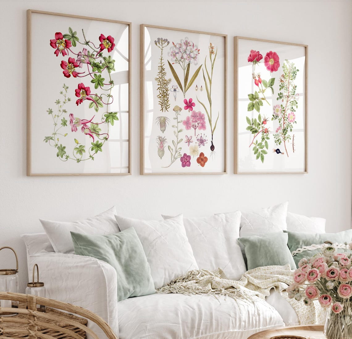 UNFFRAMED Set Of 3 Prints, Pink Floral Prints, Pink Wall Art, Vintage ...