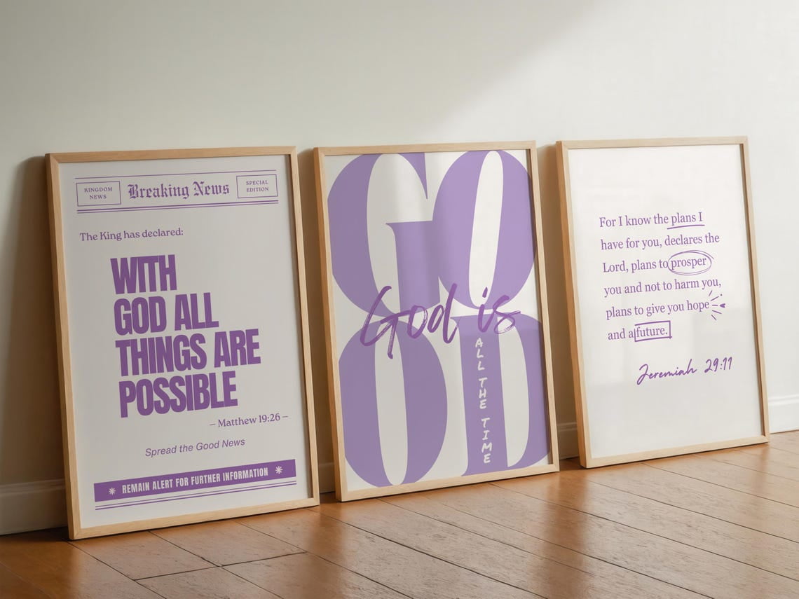 UNFFRAMED Set Of 3 Purple Girly Christian Wall Art Lavender God Is Good ...
