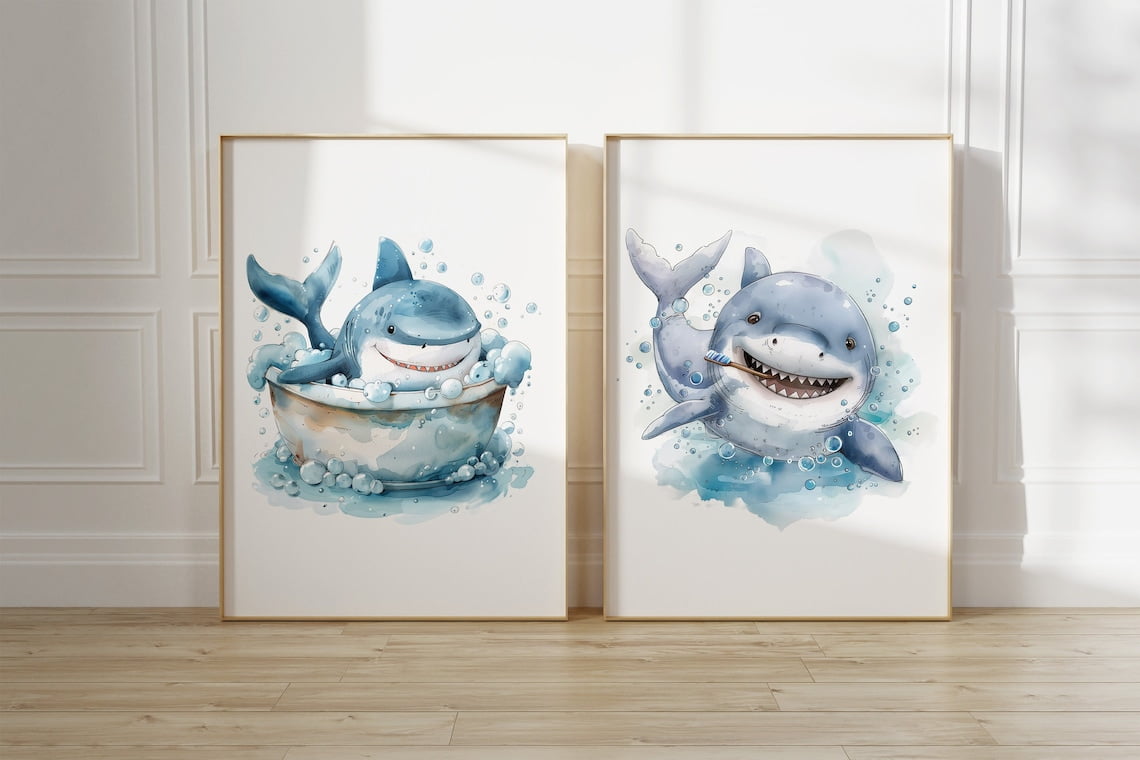 UNFFRAMED Set Bathroom Posters, Cute Shark Theme Wall Decor, Shark In A ...