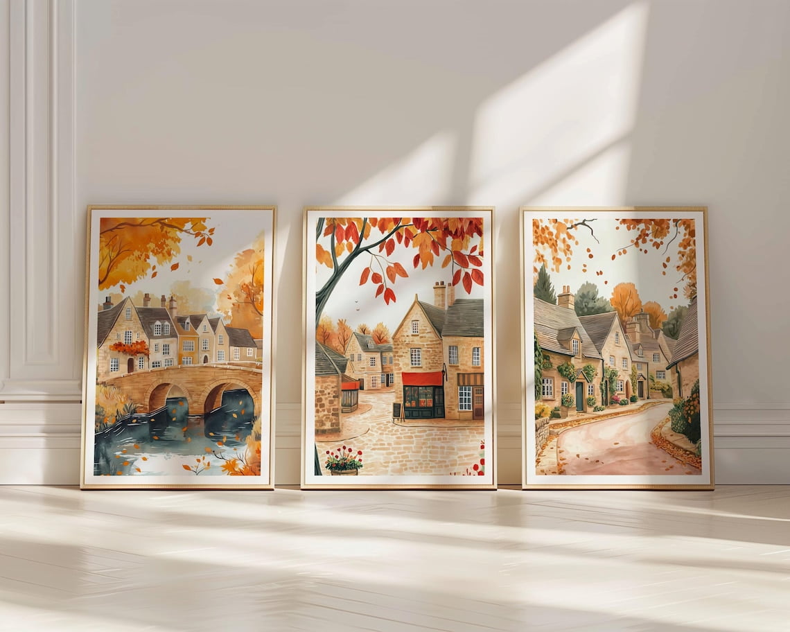 UNFFRAMED Set Cotswolds Wall Art Posters, Autumn Village, Autumn Decor ...