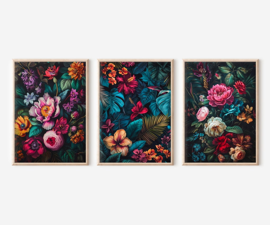 UNFFRAMED Set Jewel Tone Dark Floral Wall Art Posters Peony Artwork ...