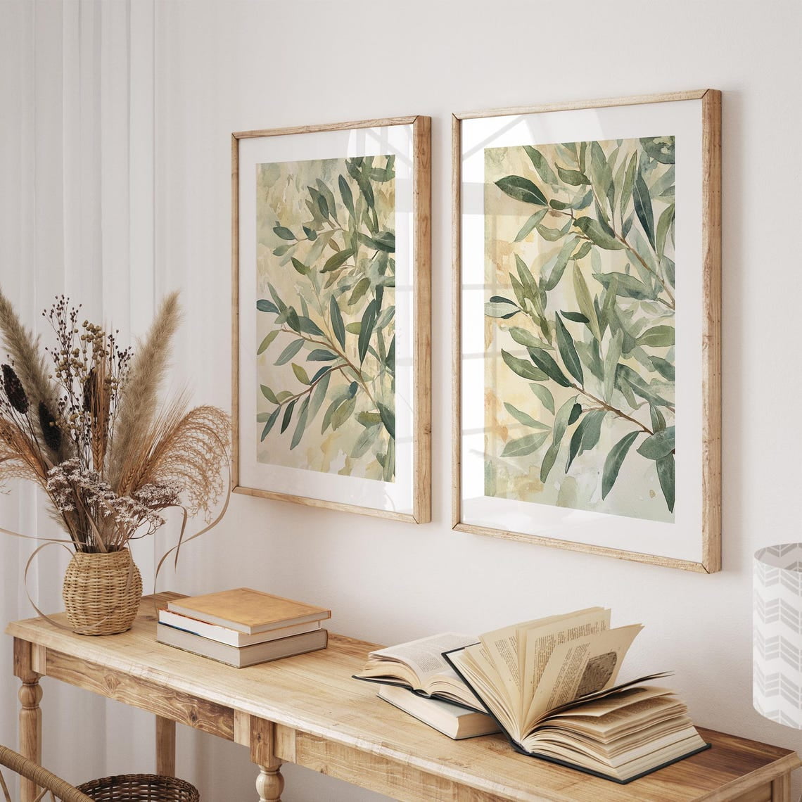 UNFFRAMED Set Of 2 Sage Green Olive Tree Branch Wall Art, Olive Branch ...