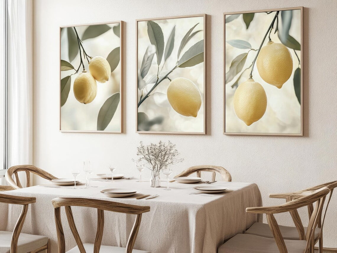 UNFFRAMED Set Of 3 Lemon Posters In Neutral Tones Botanical, Rustic Set ...