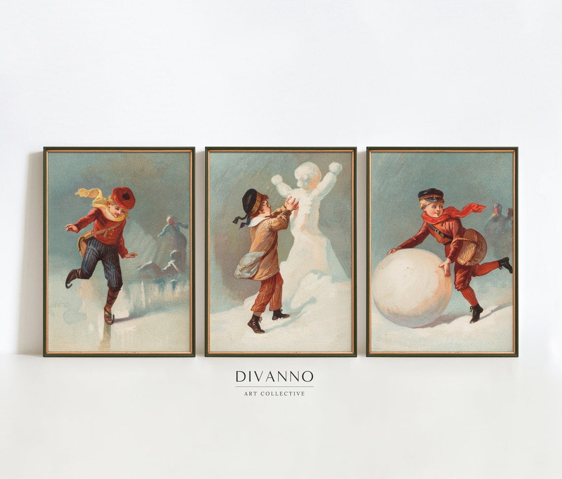 UNFFRAMED Set Of 3 Snow Prints, Antique Snow-Play Wall Decor, Giant ...