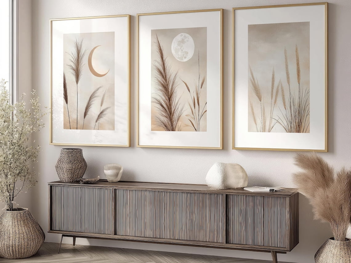 UNFFRAMED Set Of Three Hand-Drawn Posters With Natural Image Of Pampas ...