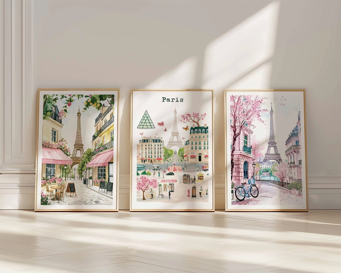 UNFFRAMED Set Paris Eiffel Tower Art Posters, Paris Wall Decor, Girls ...