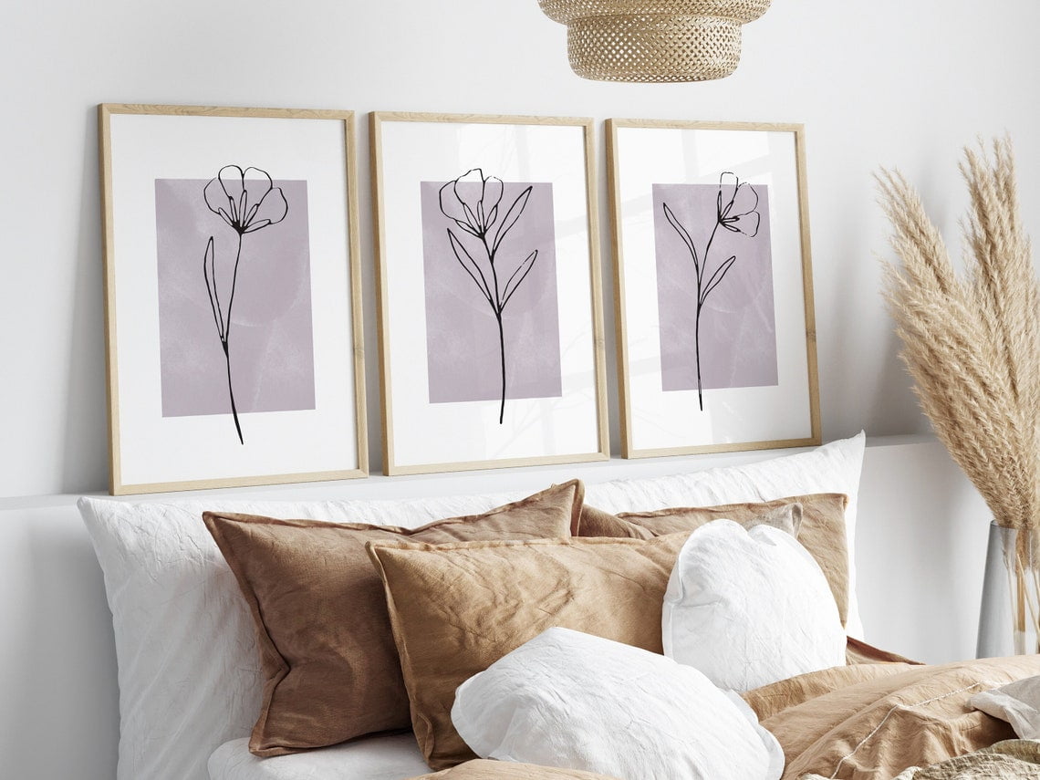 UNFFRAMED Set Posters Purple Flower Line Art Poster Set Of Three ...