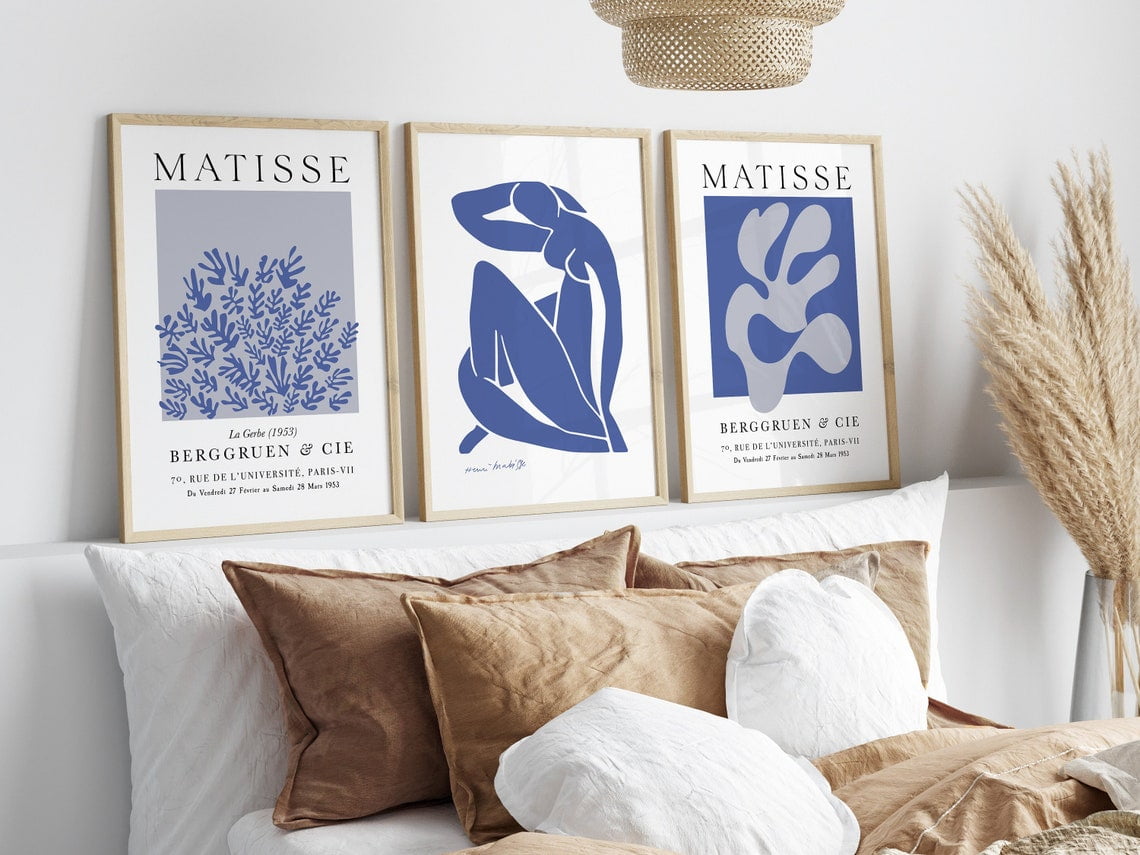 UNFFRAMED Blue Set Posters Blue Floral Three Piece Gallery Wall Posters ...