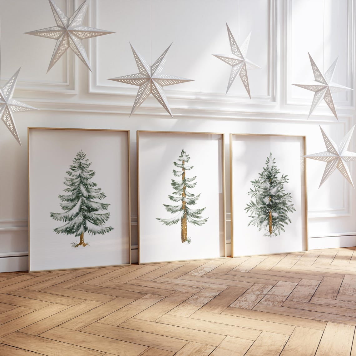 UNFFRAMED Set Snowy Winter Pine Tree Posters, Pine Tree Wall Art, Green ...