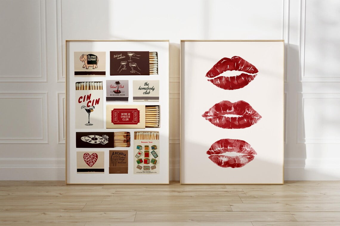 UNFFRAMED Set Vintage Matchbook & Lipstick Kiss Posters, Retro Dorm ...