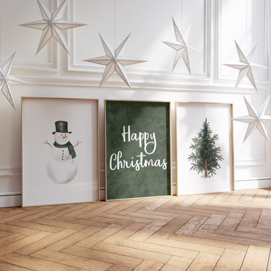UNFFRAMED Set Winter Holiday Posters, Green Winter Holiday Wall Art ...