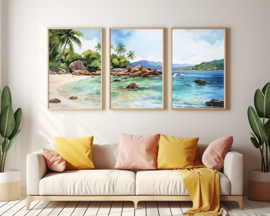 UNFFRAMED Seychelles Poster Set Of 3, Tropical Beach Coastal Wall Art ...