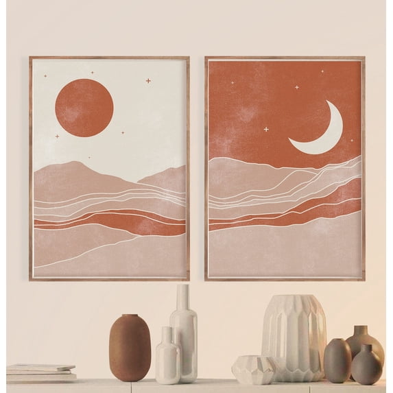 UNFFRAMED Sun And Moon Poster Set, Mid Century Modern Terracotta ...