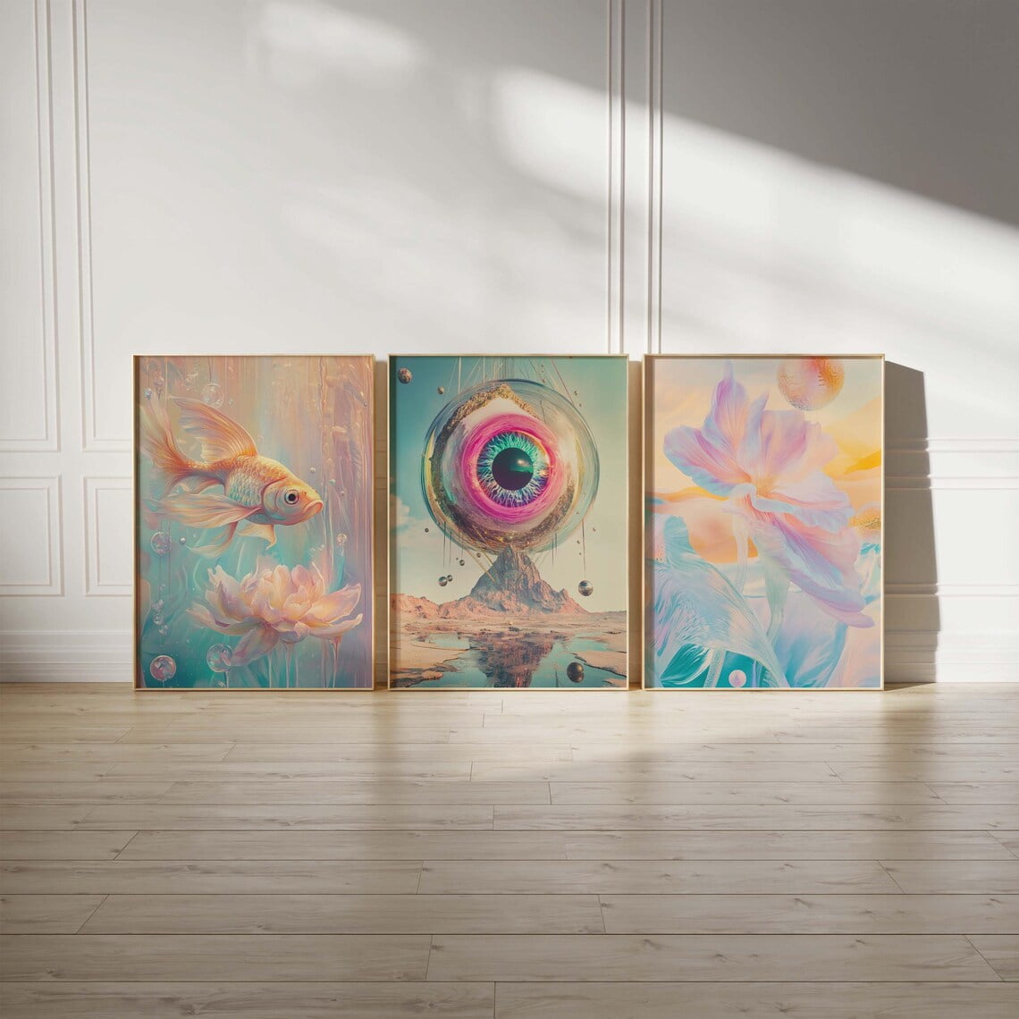UNFFRAMED Surreal Posters Set, Koi Fish, Cosmic Eye, Floral Bloom Set 3 ...