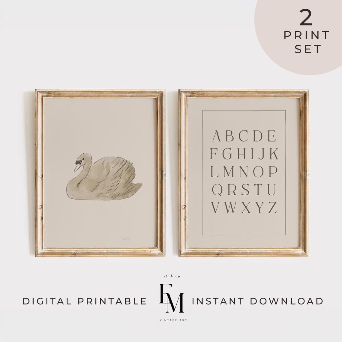 UNFFRAMED Swan Poster Set Of 2 Alphabet Nursery Posters Bundle Muted ...