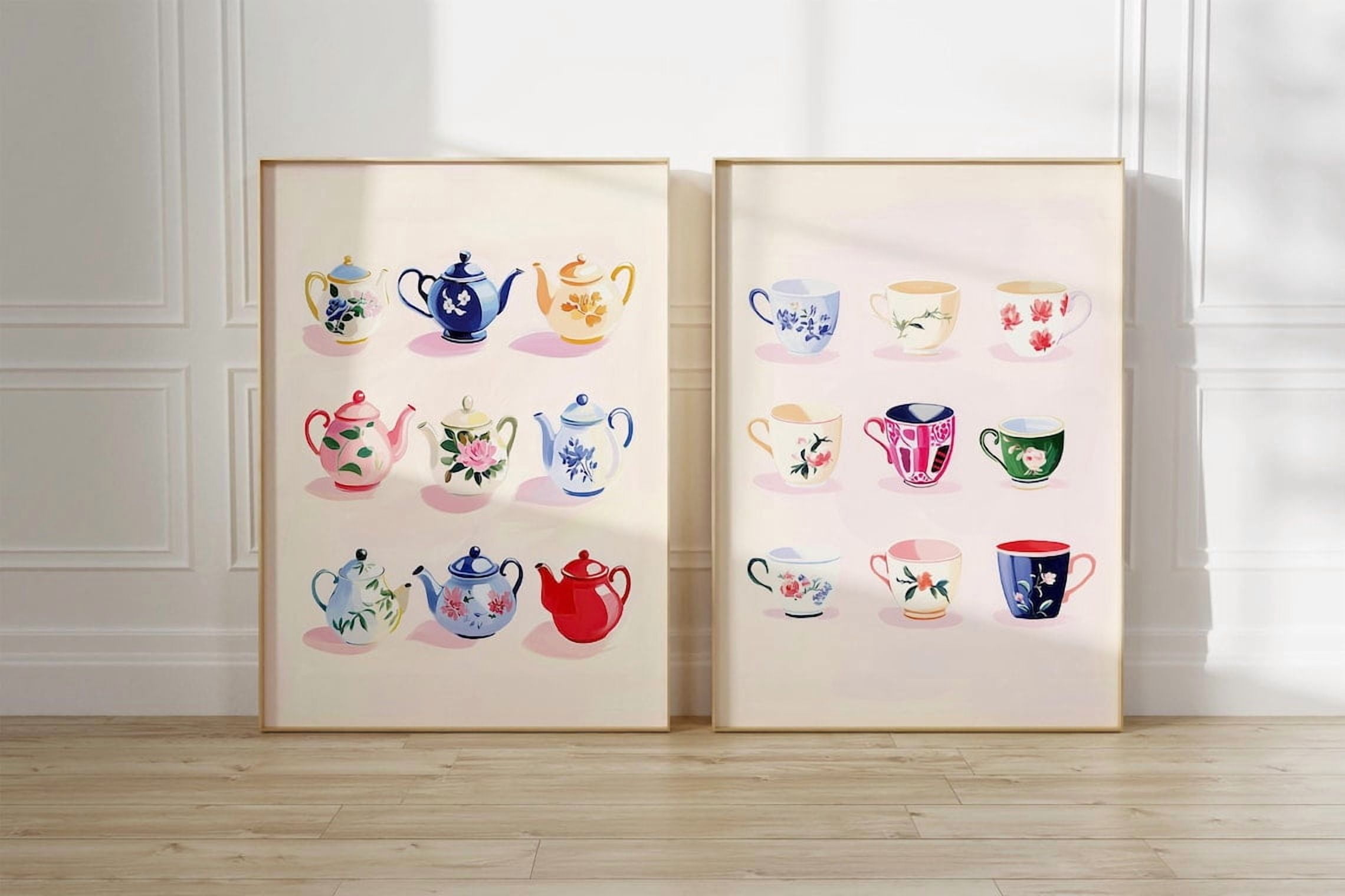 UNFFRAMED Tea Cups And Teapots Poster Set, Chinoiserie Kitchen Wall Art ...