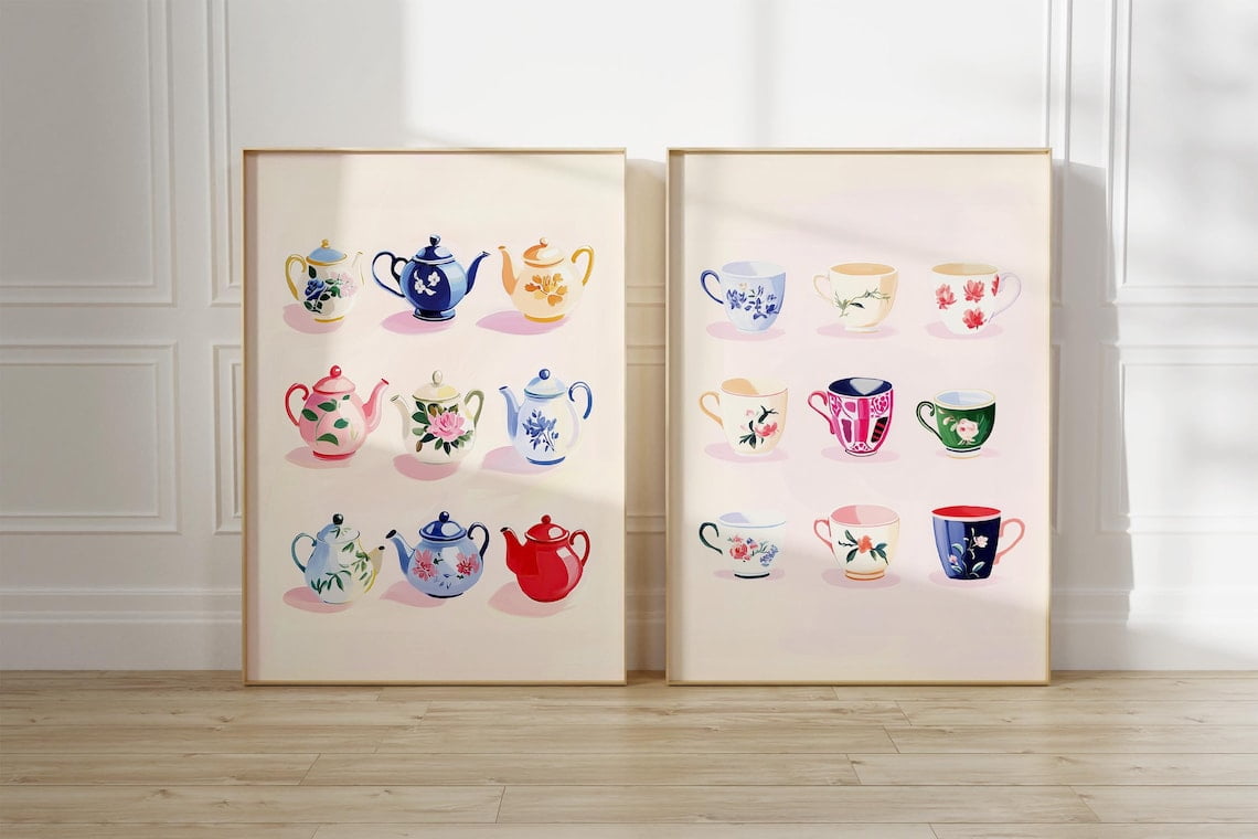 UNFFRAMED Tea Cups And Teapots Poster Set, Chinoiserie Kitchen Wall Art ...