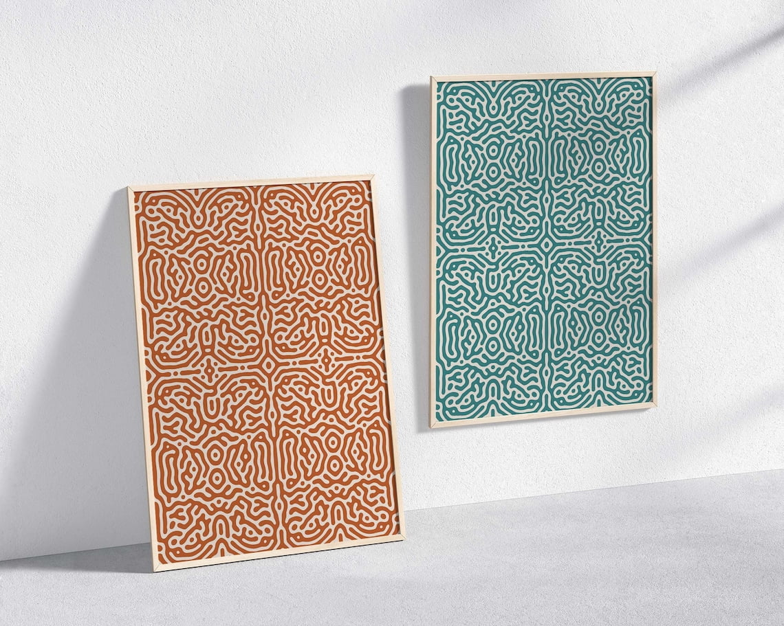 UNFFRAMED Teal And Burnt Orange Wall Art Gallery Set Abstract Posters ...