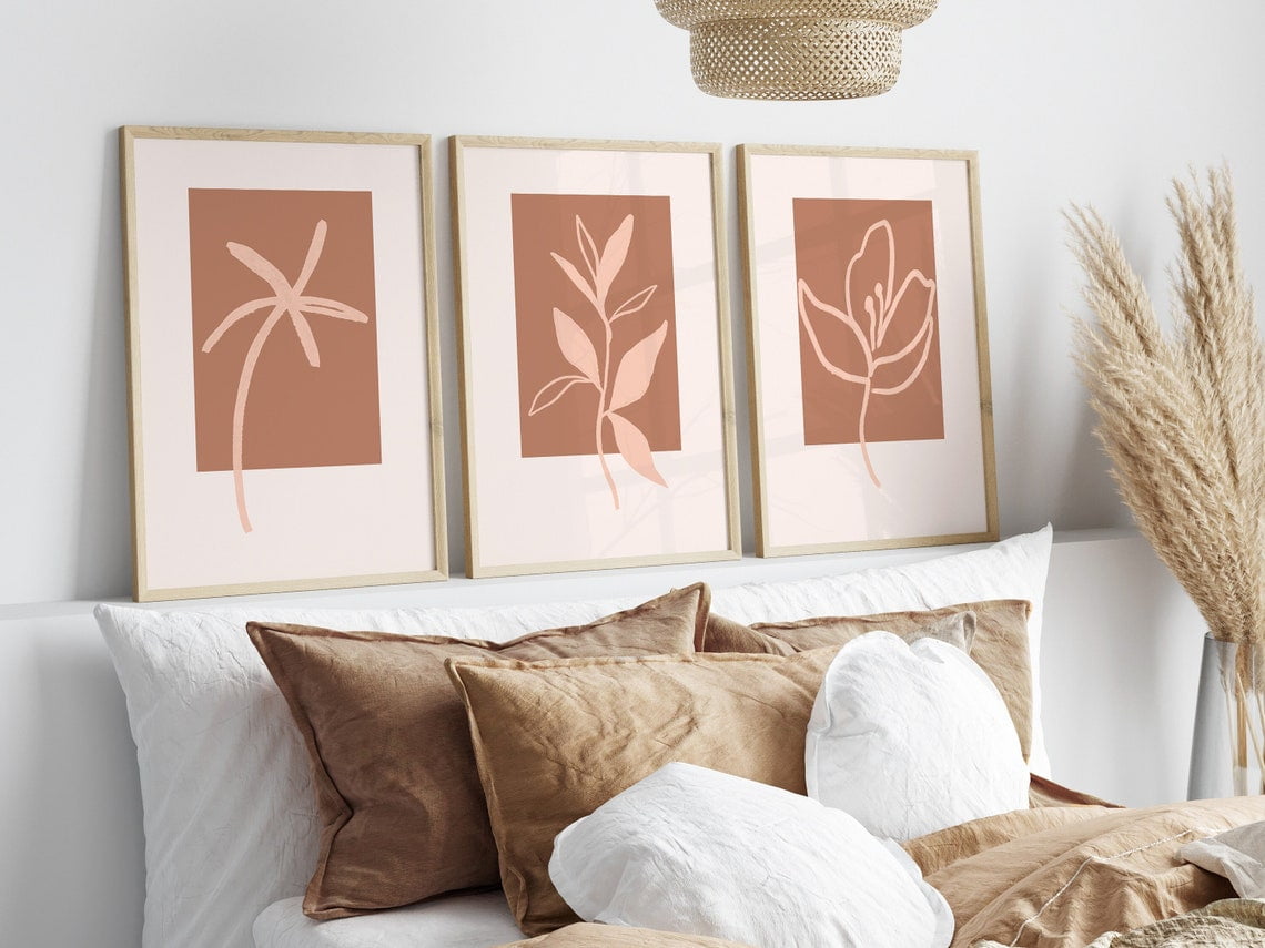 UNFFRAMED Terracotta Wall Art Set Posters, Peach Boho Floral Line Art ...