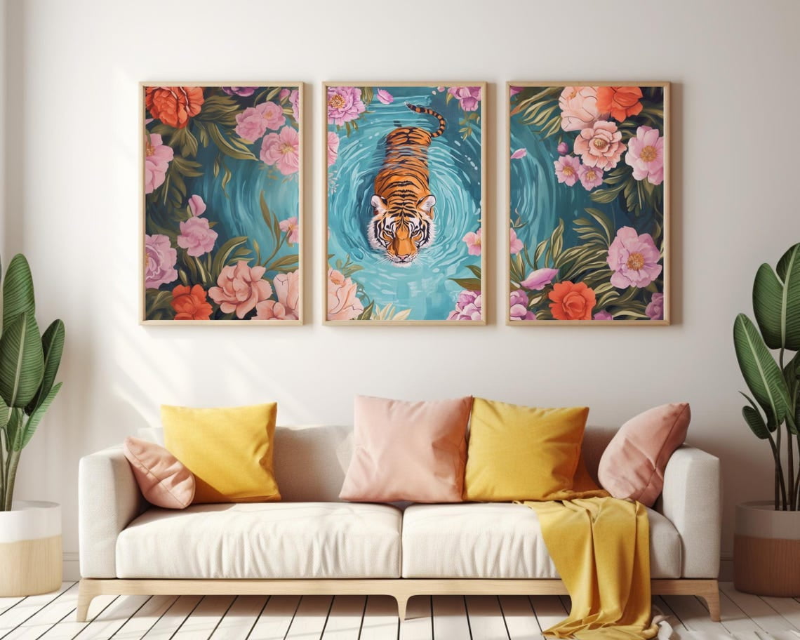 UNFFRAMED Tiger In Pool Poster, Set Of 3, Exotic Floral Animal Wall Art ...