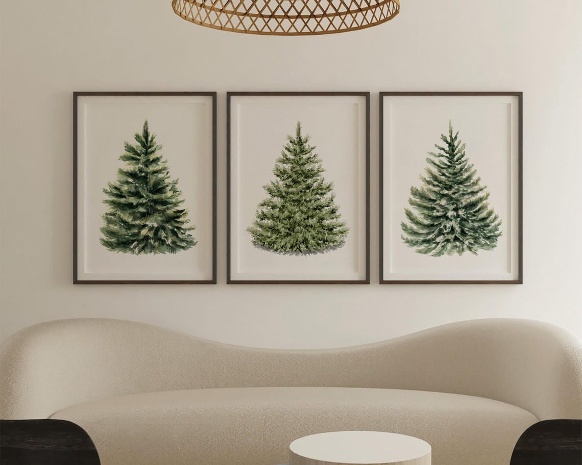 UNFFRAMED Tree Wall Art Set Of 3 Evergreen Posters Rusticwinter Décor ...