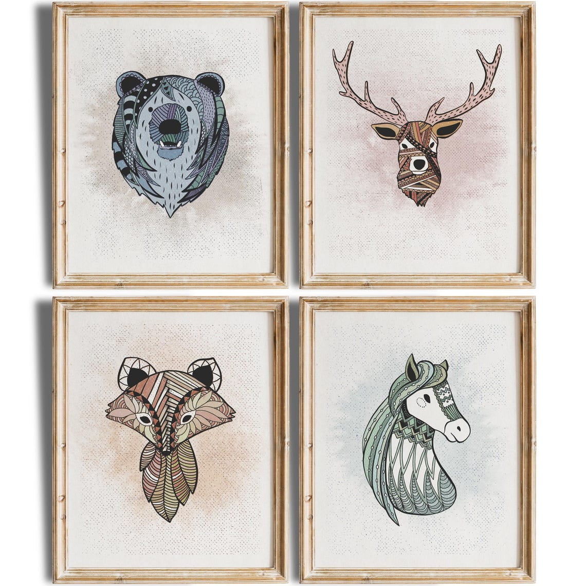 UNFFRAMED Tribal Animals Art Posters Set, Wall Art Set 4 Prints 12x18 ...