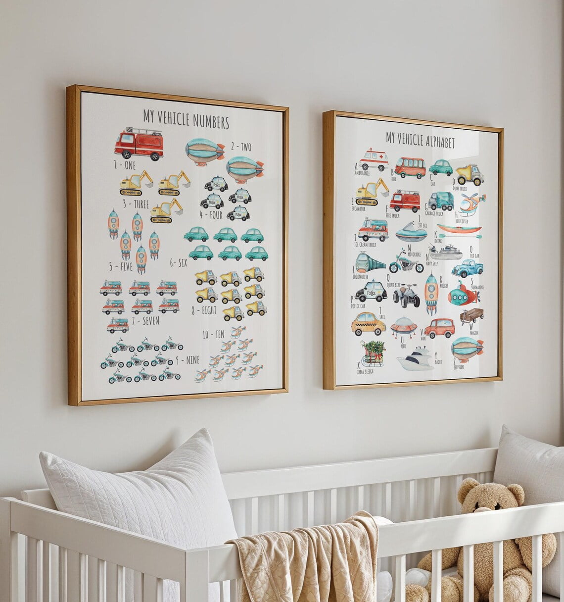 UNFFRAMED Vehicle Alphabet & Numbers Posters, Transport Nursery Decor ...