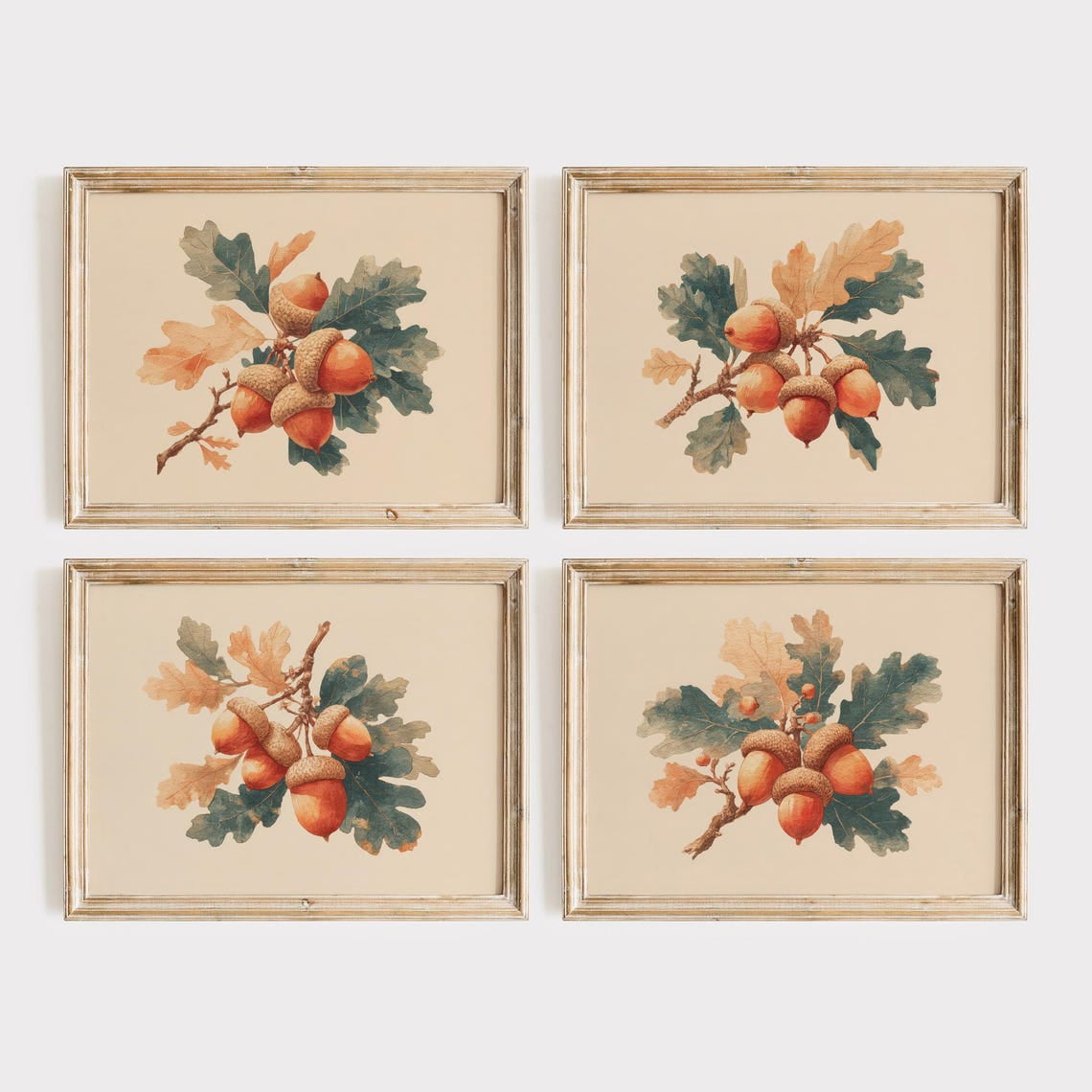 UNFFRAMED Vintage Acorn Fall Prints, Set Of 4, Wall Art, Rustic Fall ...