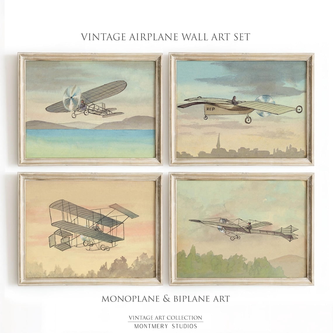 UNFFRAMED Vintage Airplane Wall Art Set Of 4, Monoplane And Biplane ...
