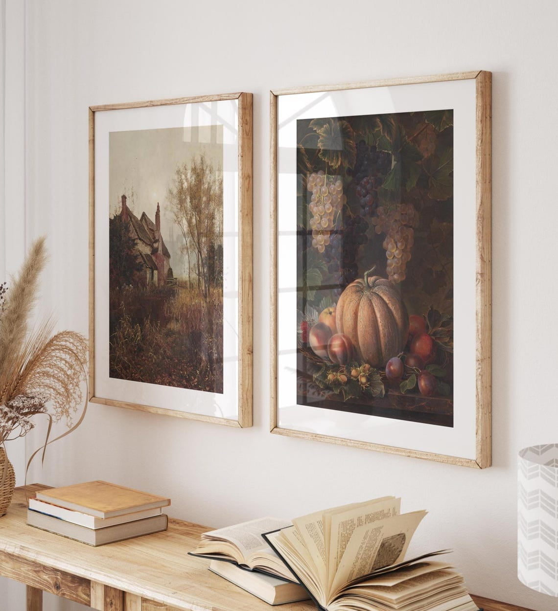 UNFFRAMED Vintage Autumn Art Posters Set, Moody Landscape & Fruit Still ...