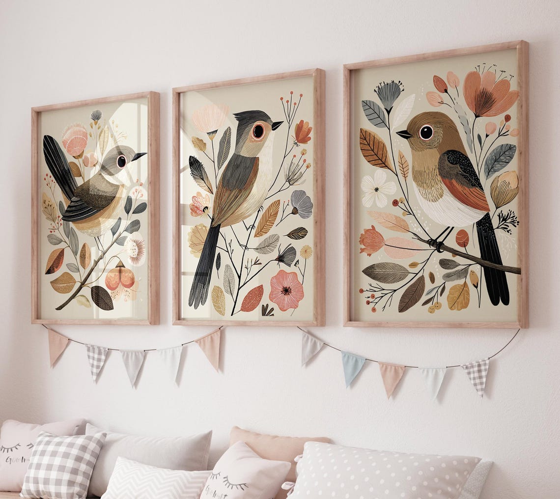 UNFFRAMED Vintage Bird Wall Art Set Of 3, Woodland Bird Prints, Neutral ...