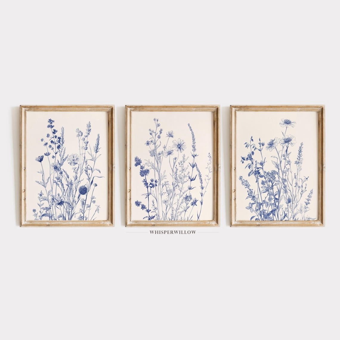 UNFFRAMED Vintage Blue Botanical Drawing Set Of Three, Elegant ...
