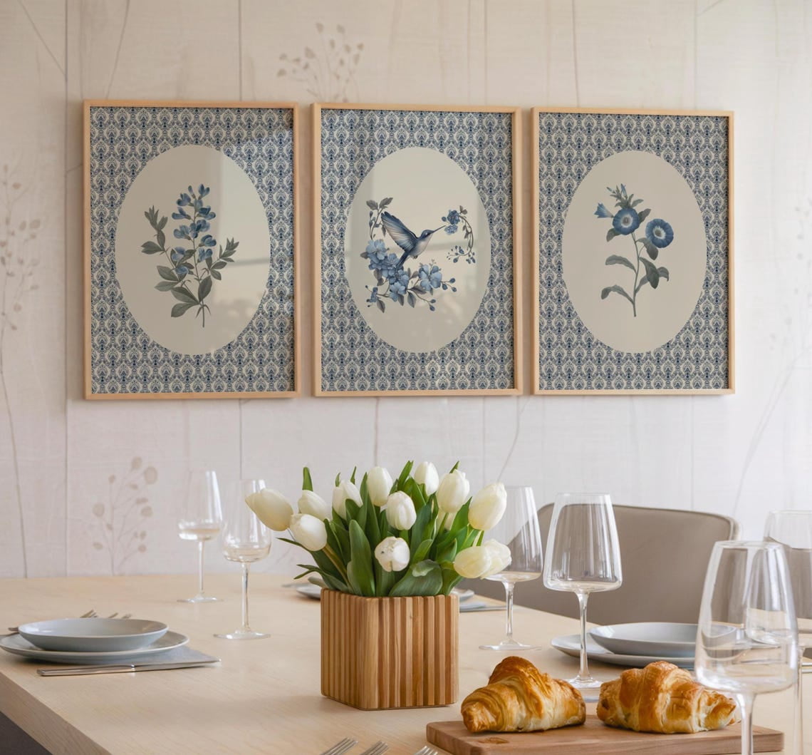 UNFFRAMED Vintage Blue Botanical Poster Set, Blue Flower Art ...