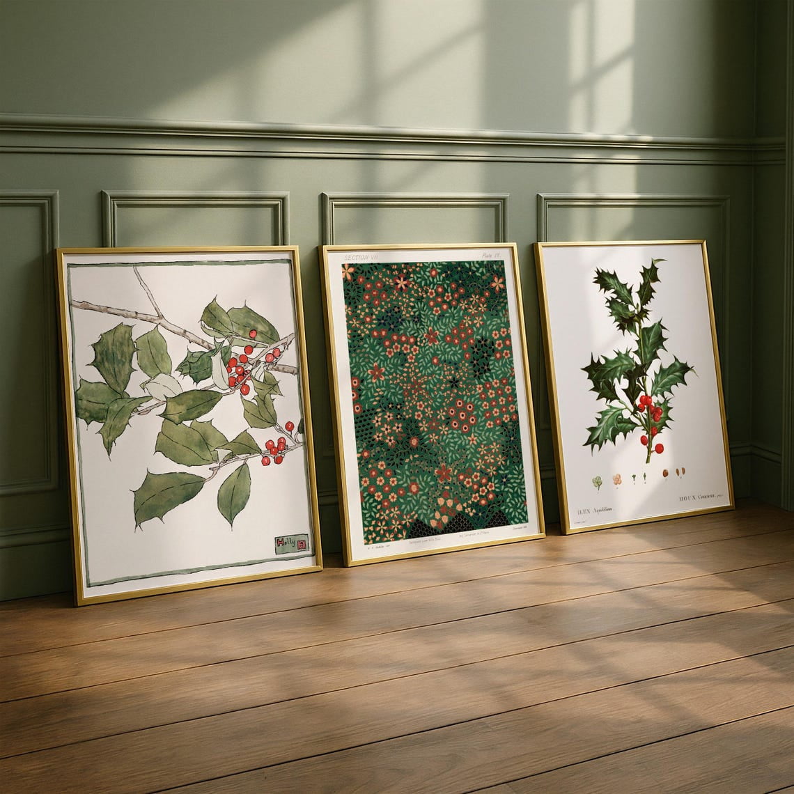 UNFFRAMED Vintage Botanical Holly Wall Art Set Of 3 Posters, Classic ...