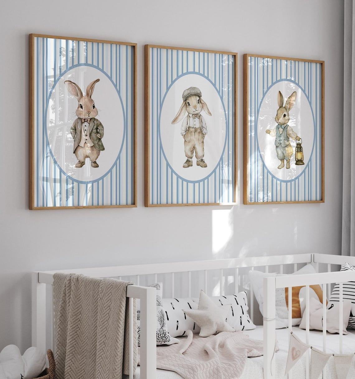 UNFFRAMED Vintage Bunny Nursery Art, Rabbit Posters, Dusty Blue Stripe ...
