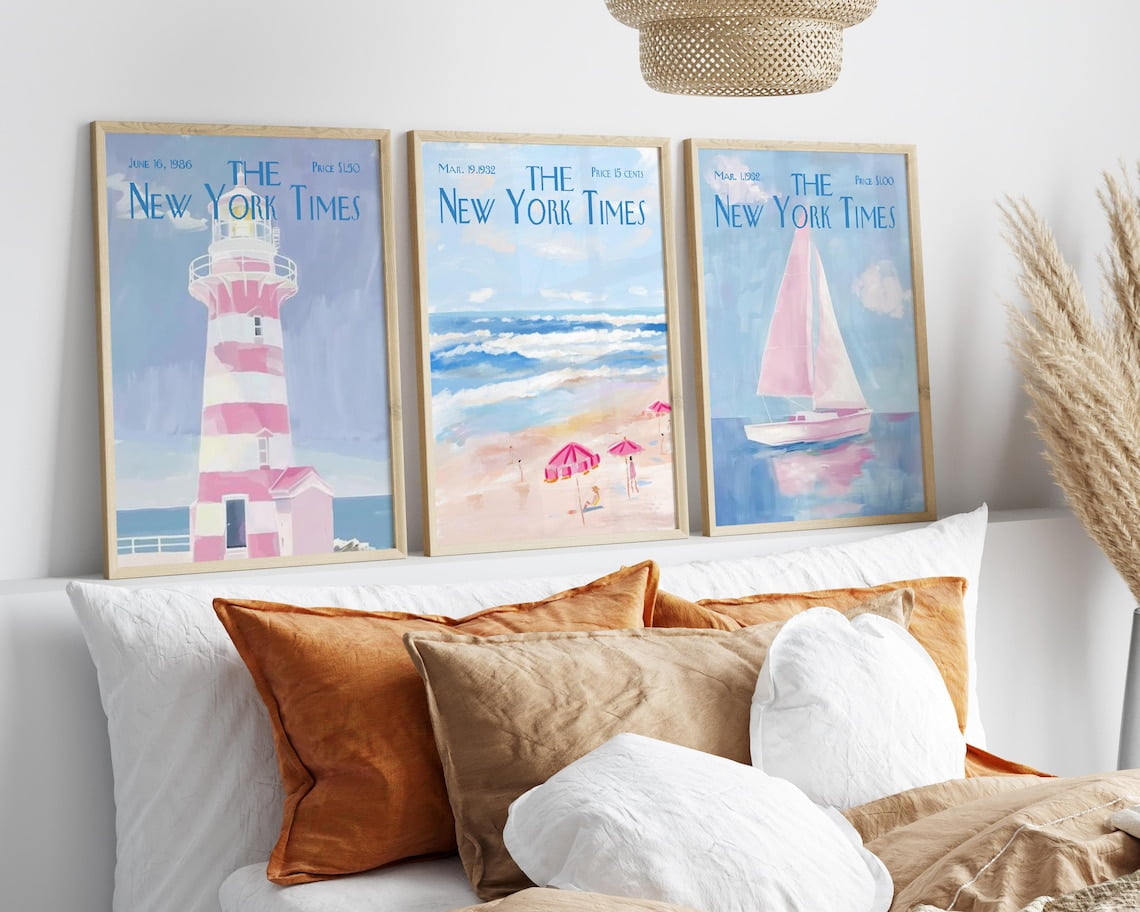 UNFFRAMED Vintage Coastal Wall Art Set, Lighthouse, Sailboat, Beach ...