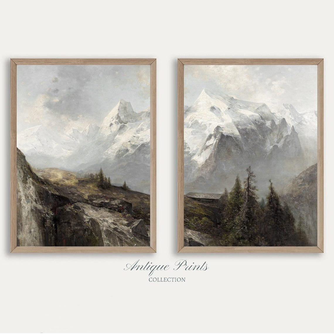 UNFFRAMED Vintage Forest Mountain Set Posters, Antique Snow Landscape 2 ...