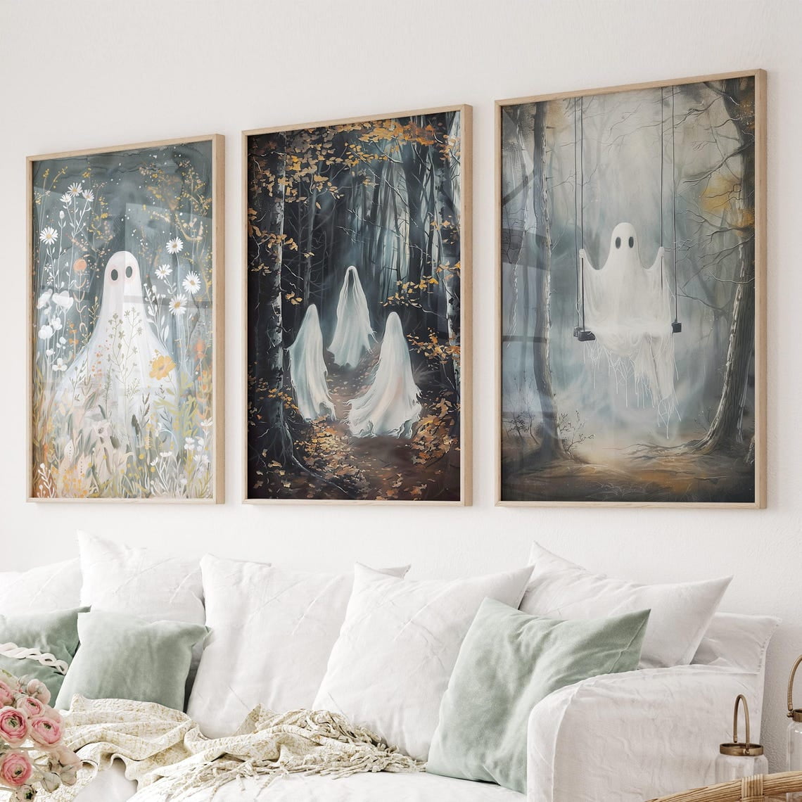 UNFFRAMED Vintage Ghost Prints Set, Spooky Nursery Wall Art Set 3 ...