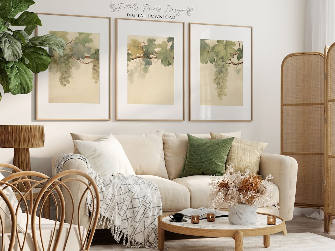 UNFFRAMED Vintage Grape Vine Poster Set, Botanical Panel Wall Art Set 3 ...