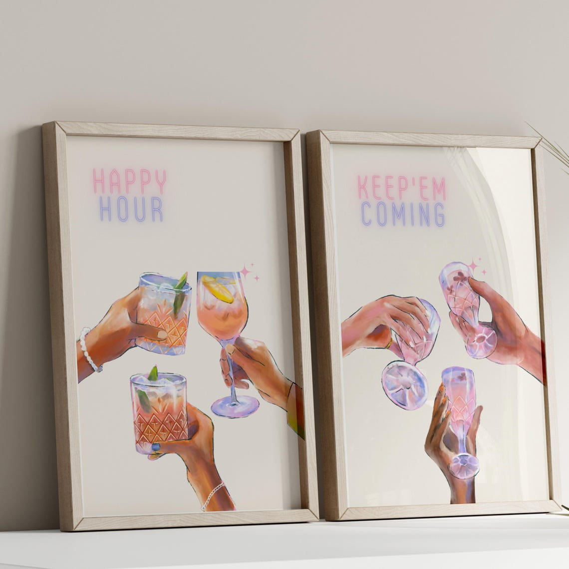UNFFRAMED Vintage Happy Hour Poster, Bar Cart Wall Art Set 2 Prints ...