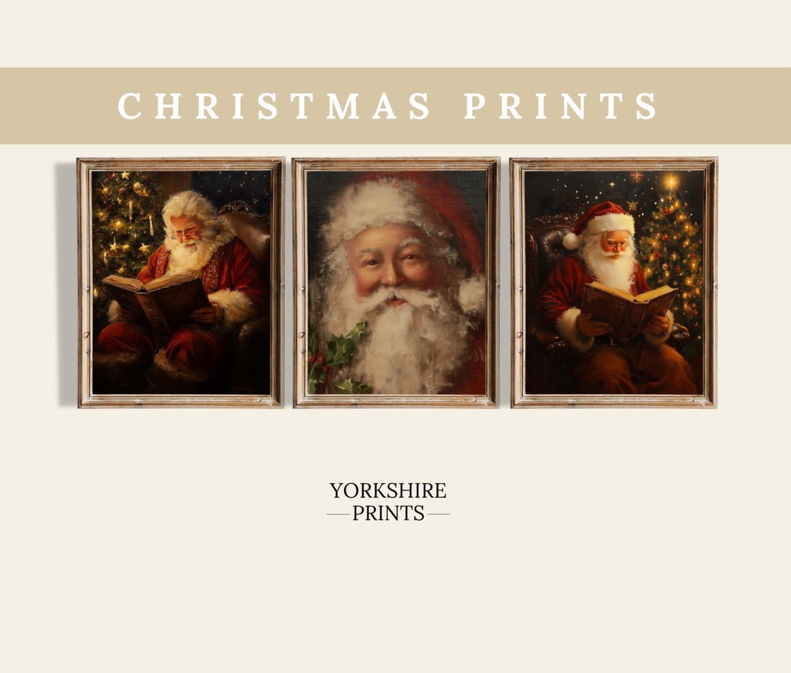 UNFFRAMED Vintage Santa Claus Wall Art Set, Cozy Winter Holiday Reading ...