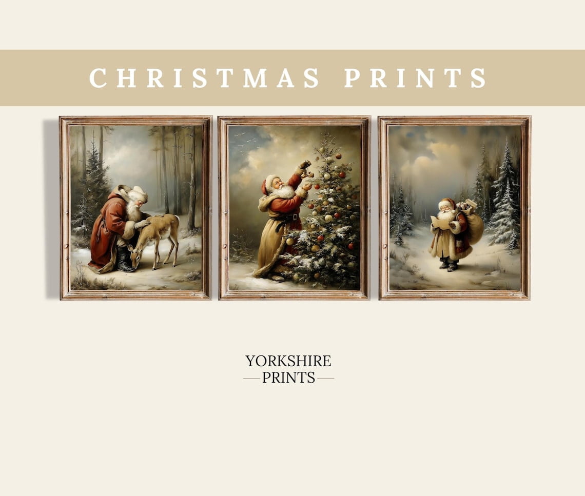 UNFFRAMED Vintage Santa Claus Winter Holiday Wall Art Set, Rustic ...