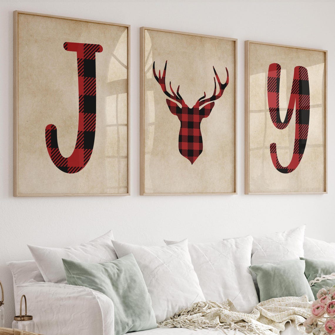 UNFFRAMED Vintage Winter Holiday Posters, Buffalo Plaid Deer, Joy Wall ...
