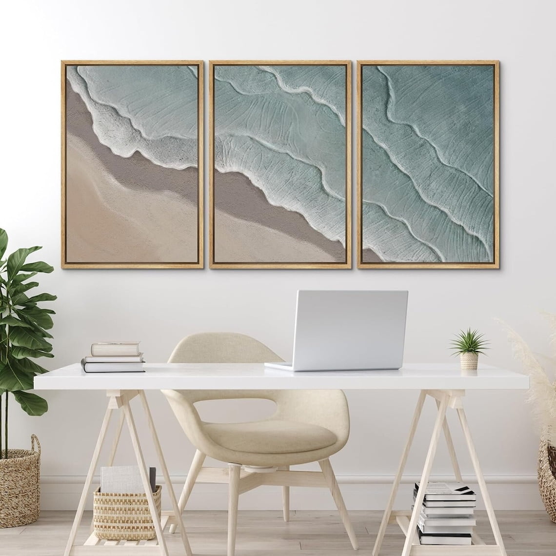 UNFFRAMED Wall Art Set Of 3 Coastal Beach Ocean Blue Prints Neutral ...