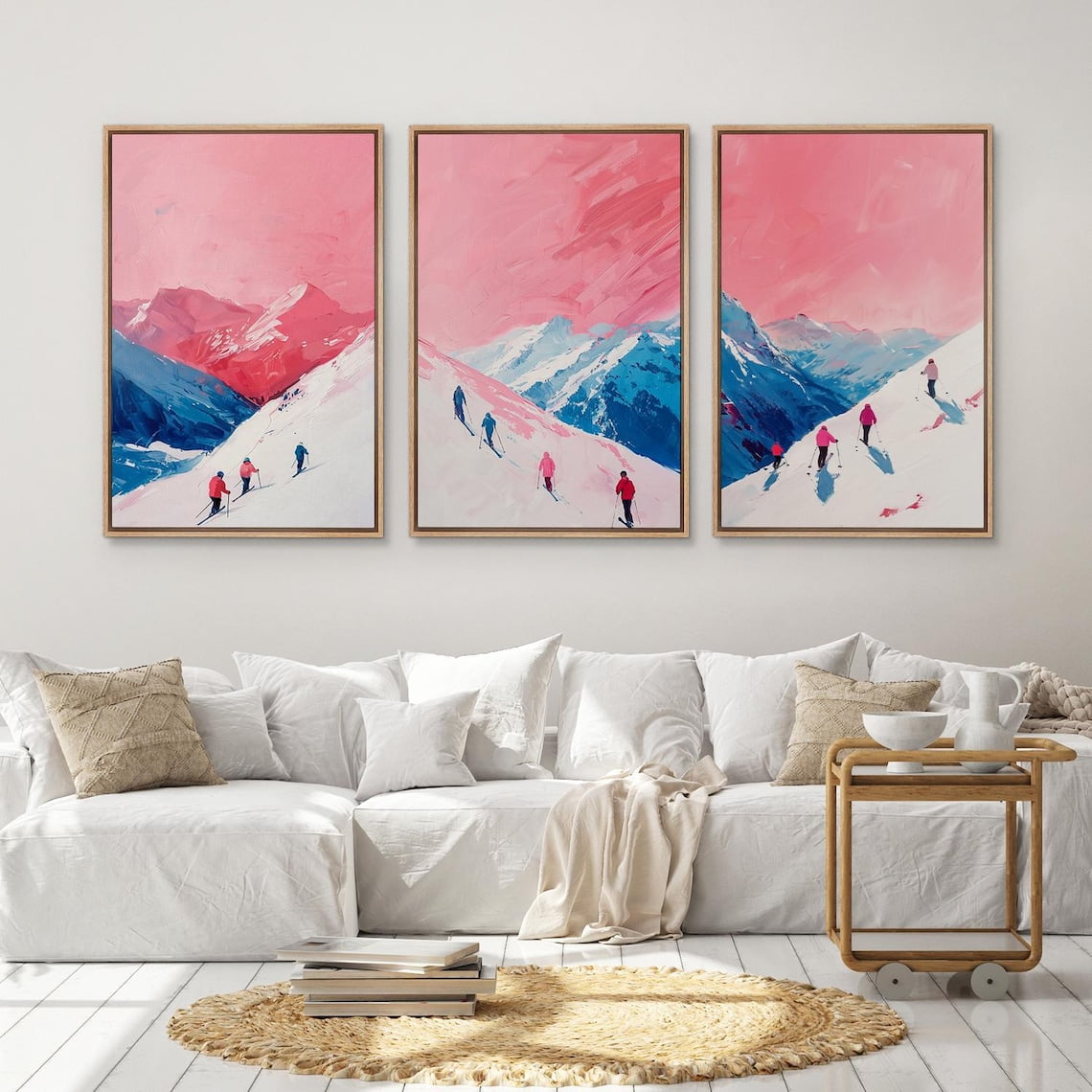 UNFFRAMED Wall Art Set Of 3 Vibrant Skiers In Mountain Winter Skiing ...
